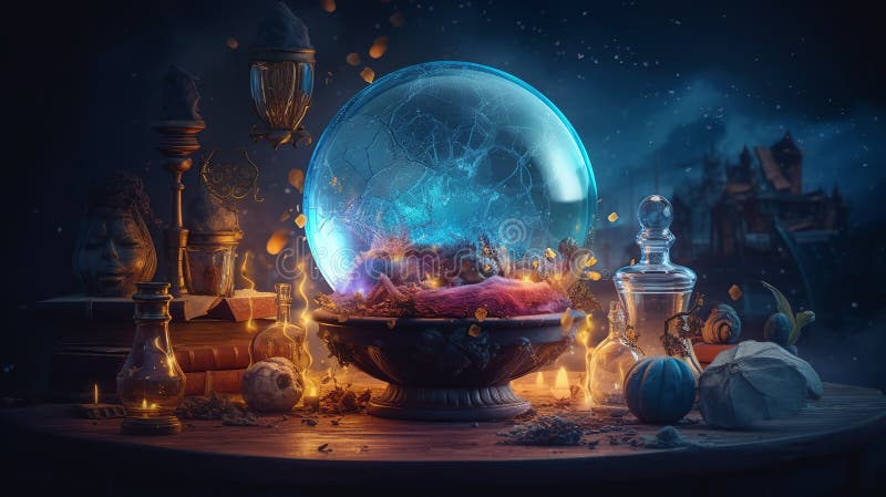 Crystal Ball on Table and Against Dark Background. Magic and ...