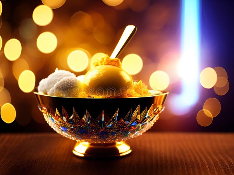 Crystal Bowl Full of Ice Cream on a Party Lights Background Stock ...