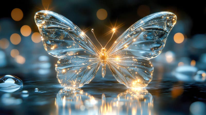 Crystal Butterfly with Sparkling Lights on Reflective Surface Stock ...