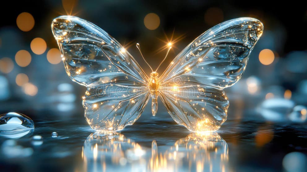 Crystal Butterfly with Sparkling Lights on Reflective Surface Stock ...