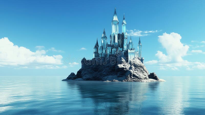 Crystal Castle Sculpture on Coastal Rock with Turquoise Sea Back Stock ...