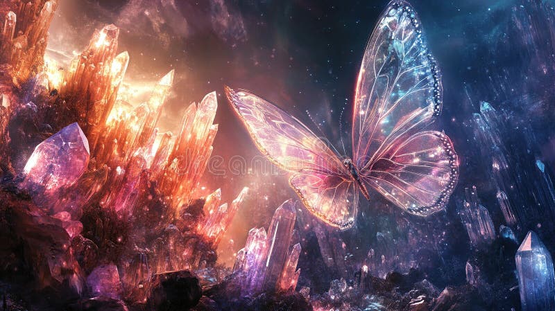 Crystal Cave with Glowing Translucent Butterfly Stock Photo - Image of ...