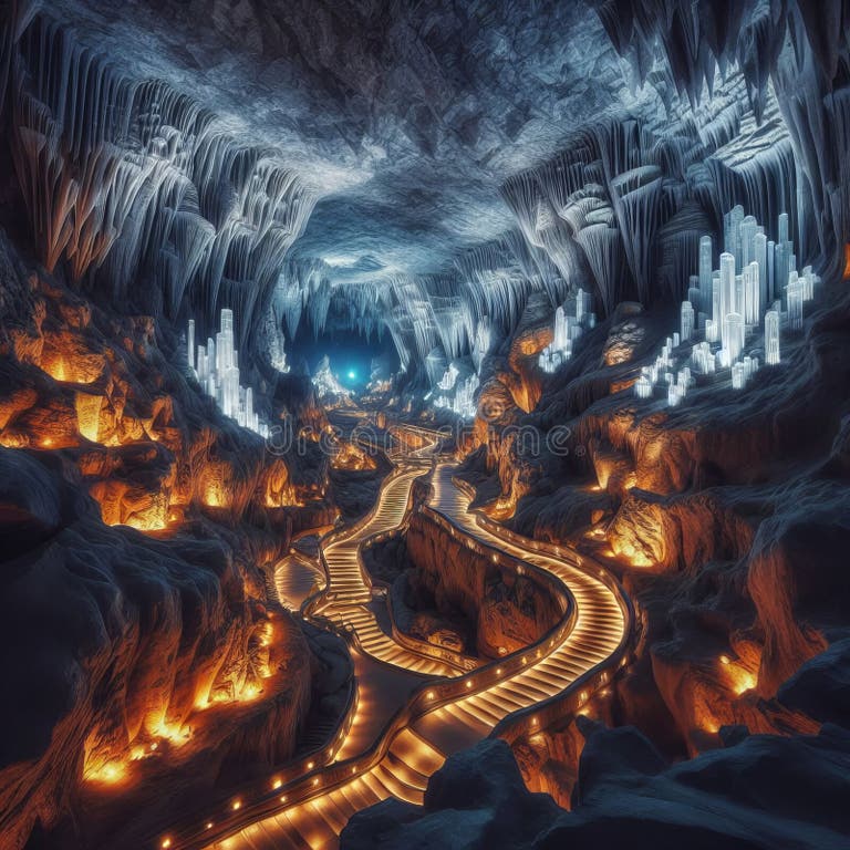 Crystal Cave System Illuminated Subterranean Paths Stock Illustration ...