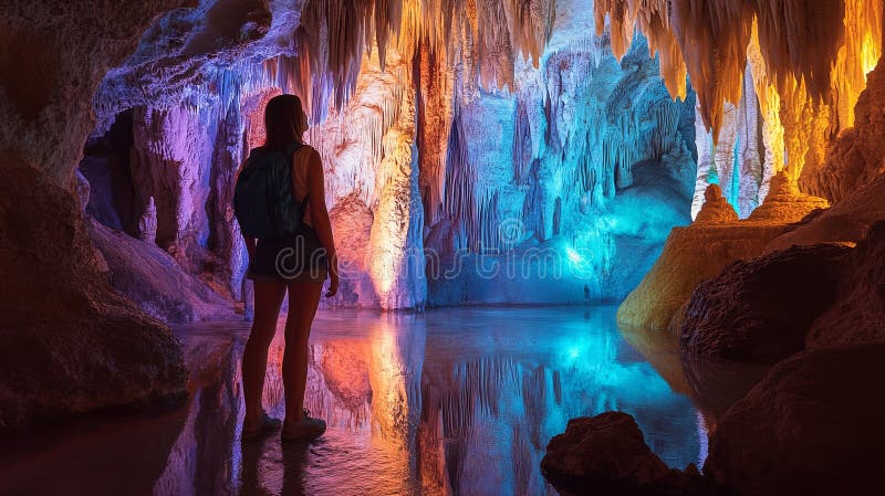 Crystal Cavern Reflecting Rainbow Lights, an Explorer Marveling at the ...