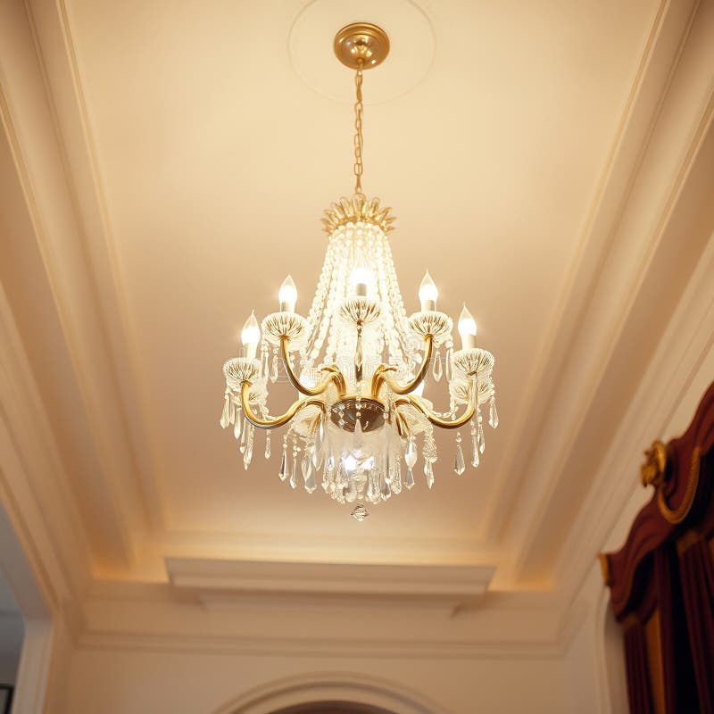 A Crystal Chandelier Hanging from a Grand Ceiling with Soft Light ...