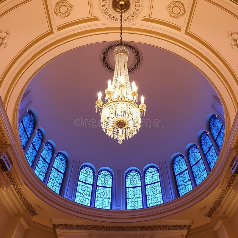 A Crystal Chandelier Hanging from a Grand Ceiling with Soft Light ...