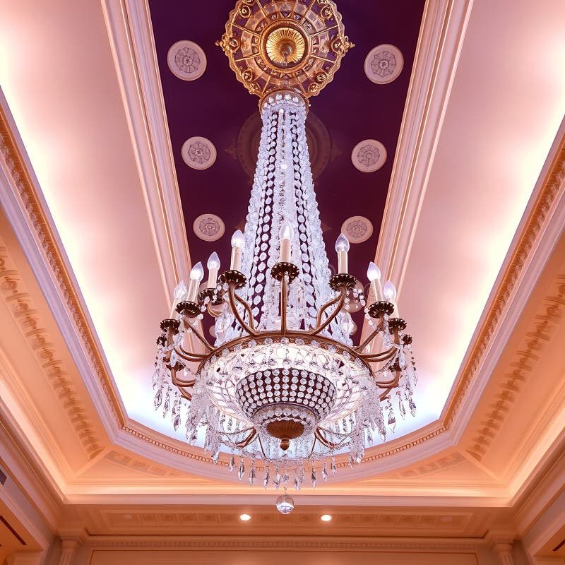 A Crystal Chandelier Hanging from a Grand Ceiling with Soft Light ...