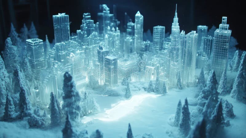Crystal City Model in Snowy Landscape, Illuminated from Below Stock ...