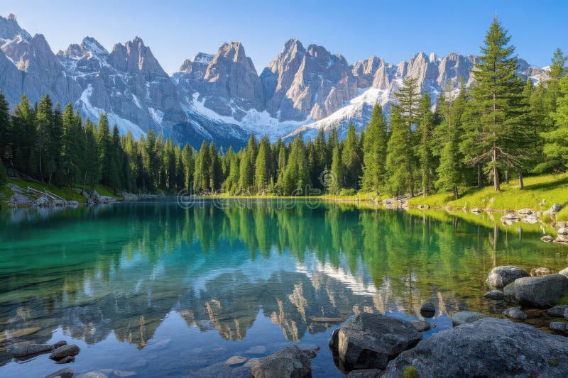 A Crystal Clear Alpine Lake Surrounded by Towering Pine Trees. Stock ...
