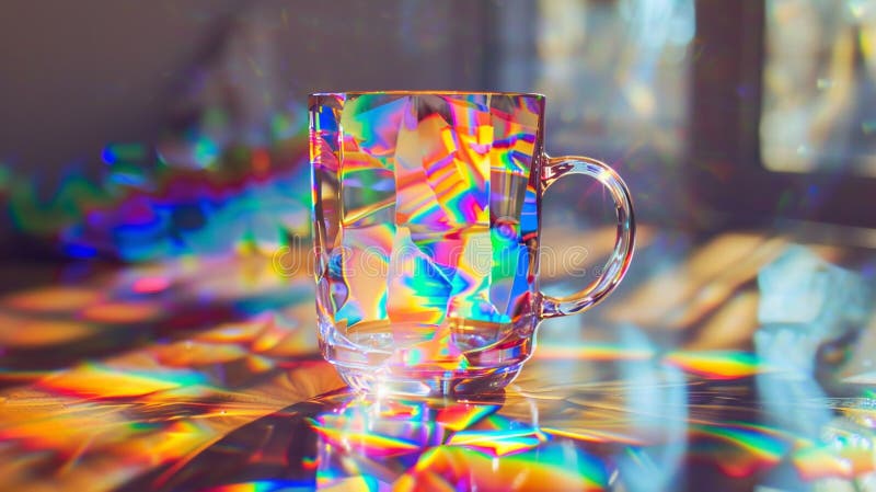 A Crystal Clear Coffee Cup with a Rainbow Explosion, Colors Refracting ...