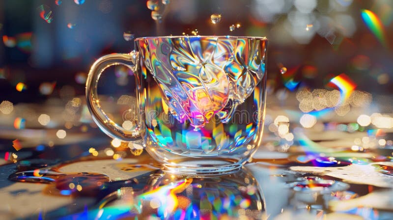 A Crystal Clear Coffee Cup with a Rainbow Explosion, Colors Refracting ...