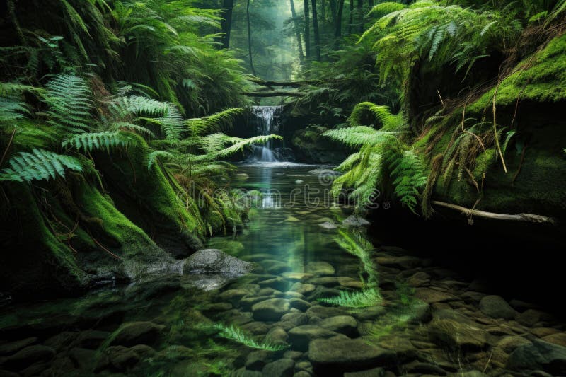 Crystal-clear Forest Stream Surrounded by Ferns Stock Illustration ...