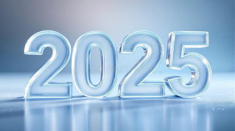 Crystal Clear Glass Numbers 2025 on a Reflective Ice Blue Surface Stock ...