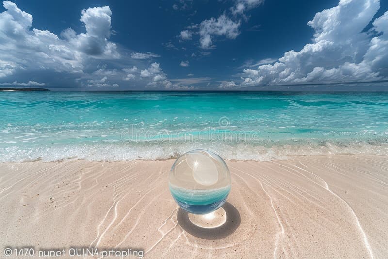Crystal Clear Glass Sphere on Sand Reflecting Blue Sky and Beach with ...