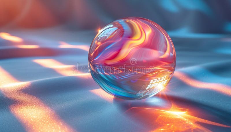 Crystal Clear Glass Sphere on Silky Fabric Reflecting Warm Sunset Hues ...