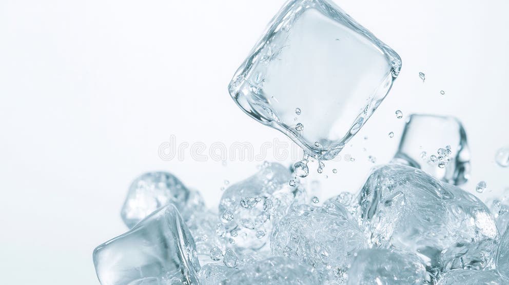 Crystal Clear Ice Cubes Float Serenely in Cool Water, Creating a Gentle ...