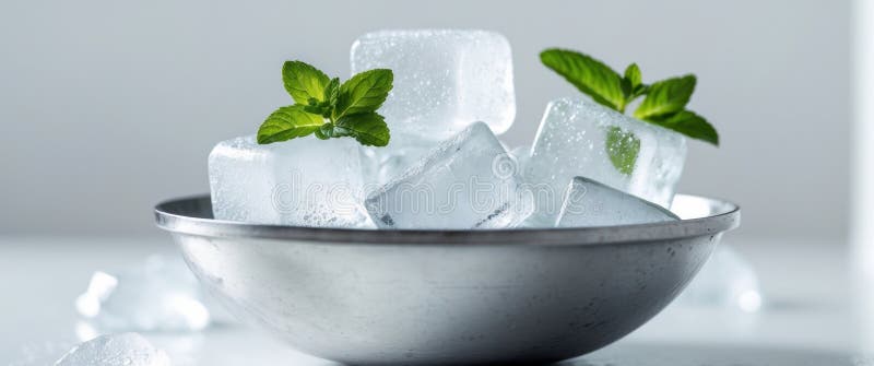 Crystal Clear Ice Cubes in Metal Bowl with Mint Stock Photo - Image of ...