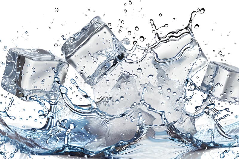 Crystal Clear Ice Cubes Splash into Transparent Water. Captures the ...