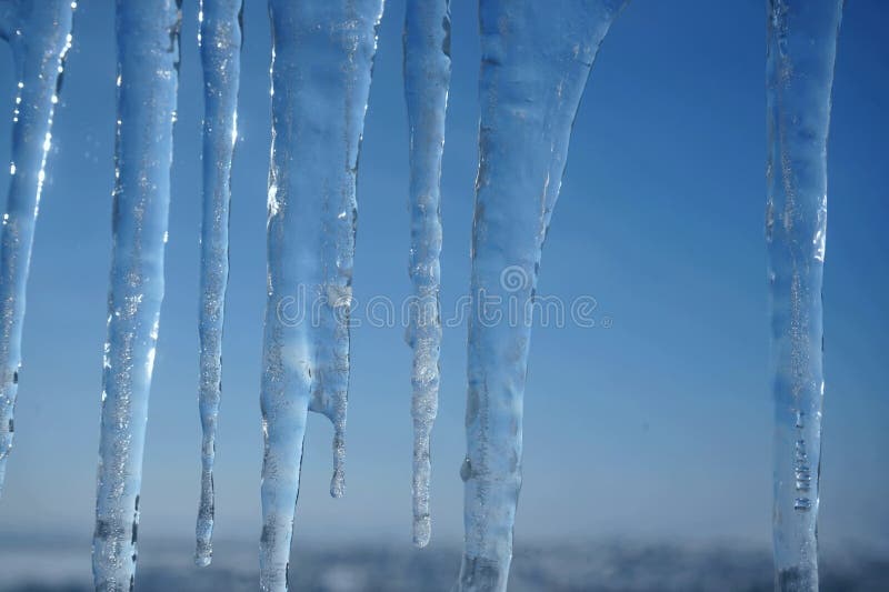 Clear Ice Icicles Hang on a Clear Day Stock Image - Image of natural ...