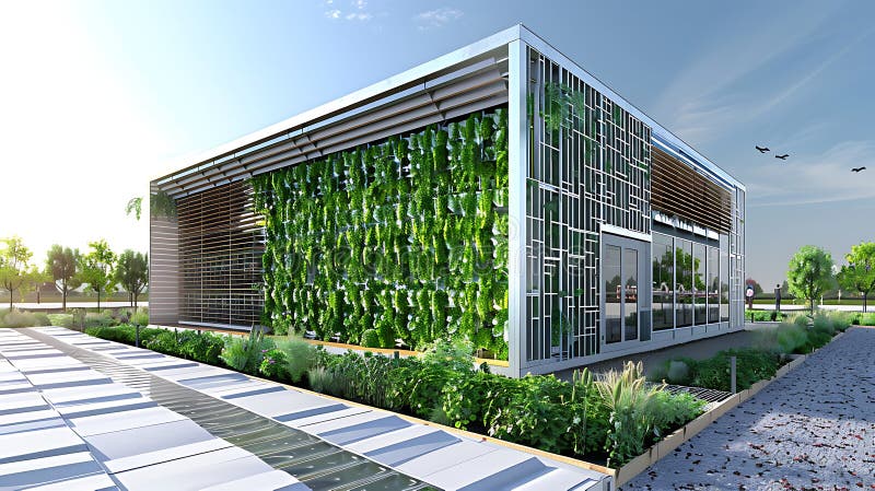 Crystal-clear Image of a Sustainable Office Building, Green Wall, Solar ...