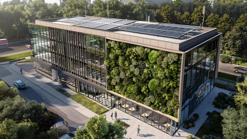 Crystal-clear Image of a Sustainable Office Building, Green Wall, Solar ...