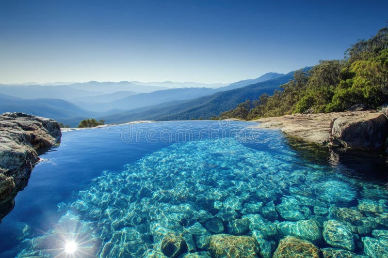 Crystal Clear Infinity Pool Overlooking Stunning Mountain Ranges Stock ...