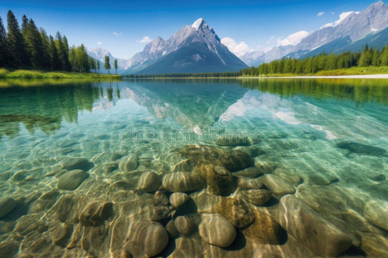 Crystal-clear Lake with Reflection of Towering Mountain Range Stock ...