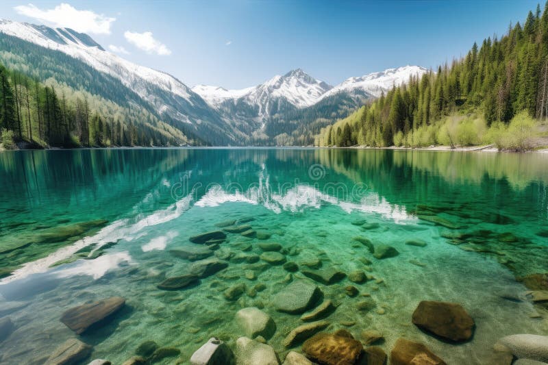 Crystal-clear Lake Surrounded by Snowy Mountain Peaks and Forests Stock ...