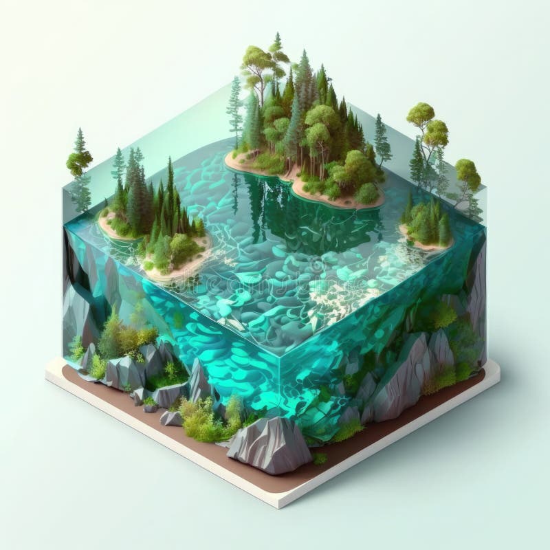 Crystal Clear Lake Surrounded by Tall Trees, Isometric Low Poly View AI ...