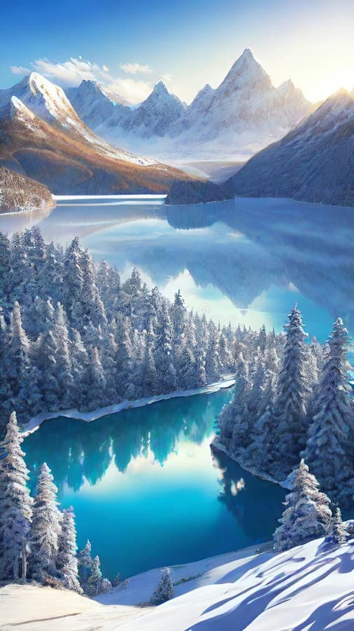 Crystal Clear Lake Surrounded by Towering Snowy Peaks Stock ...