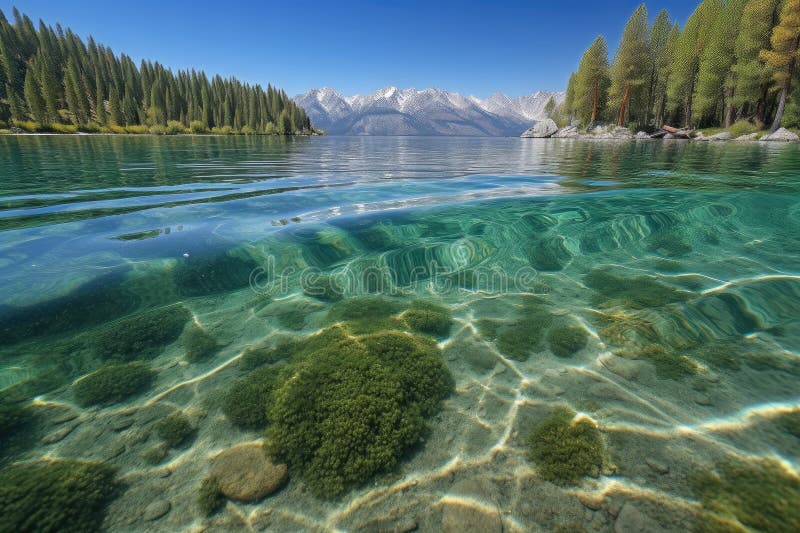 Crystal Clear Lake with View of Mountain Range, Surrounded by Tall ...