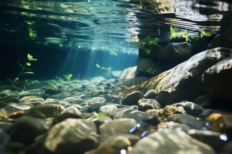 Crystal Clear Mountain Stream Half Underwater View with Sun Rays ...