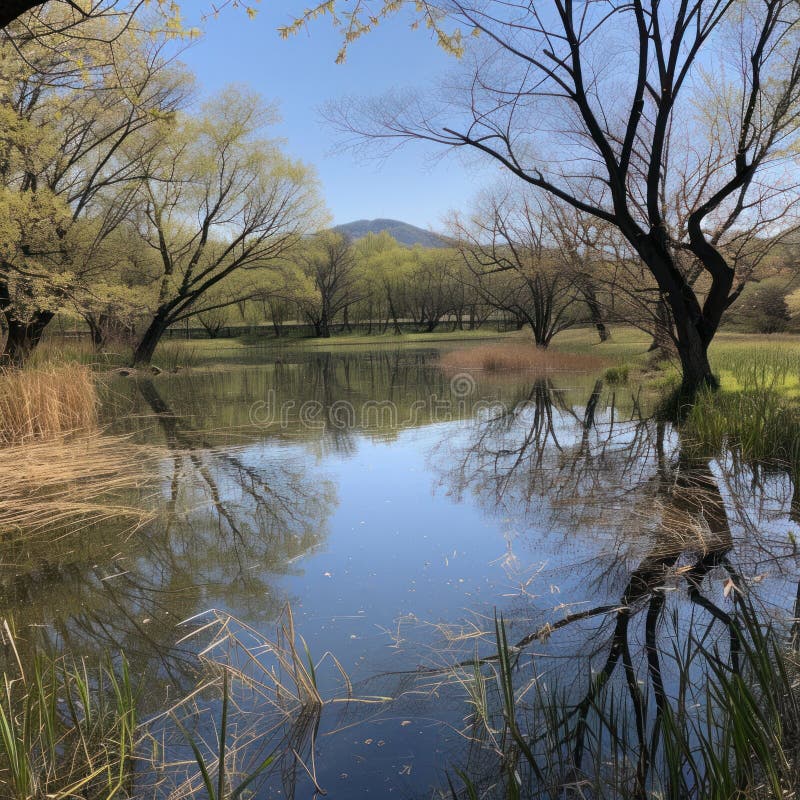 A Crystal-clear Pond Reflects the Azure Sky and Budding Trees, Creating ...