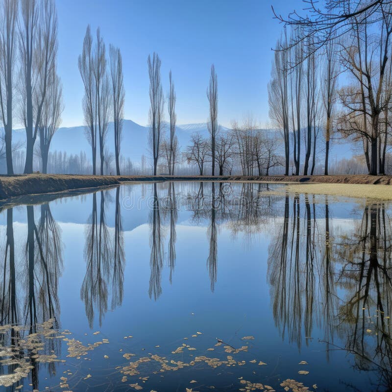 A Crystal-clear Pond Reflects the Azure Sky and Budding Trees, Creating ...