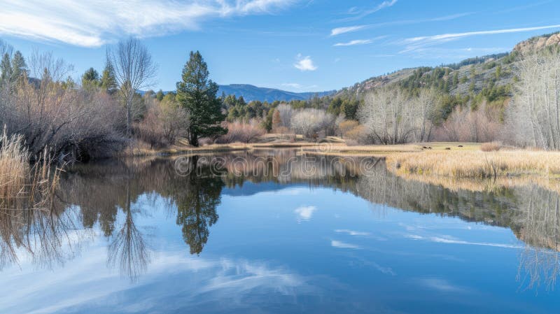 A Crystal-clear Pond Reflects the Azure Sky and Budding Trees, Creating ...