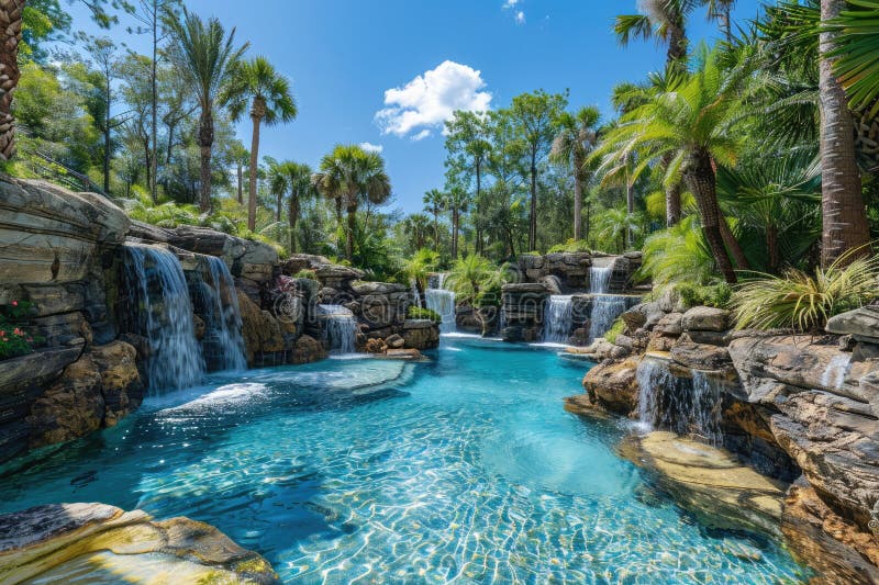 Crystal Clear Pool with a Cascading Waterfall, Surrounded by Lush ...