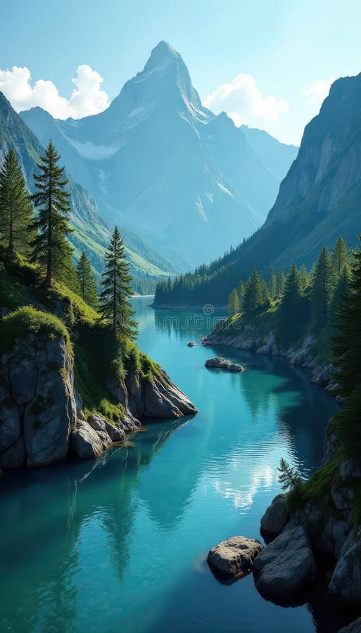 Crystal Clear River Carving Path through Towering Peaks, Beautiful ...