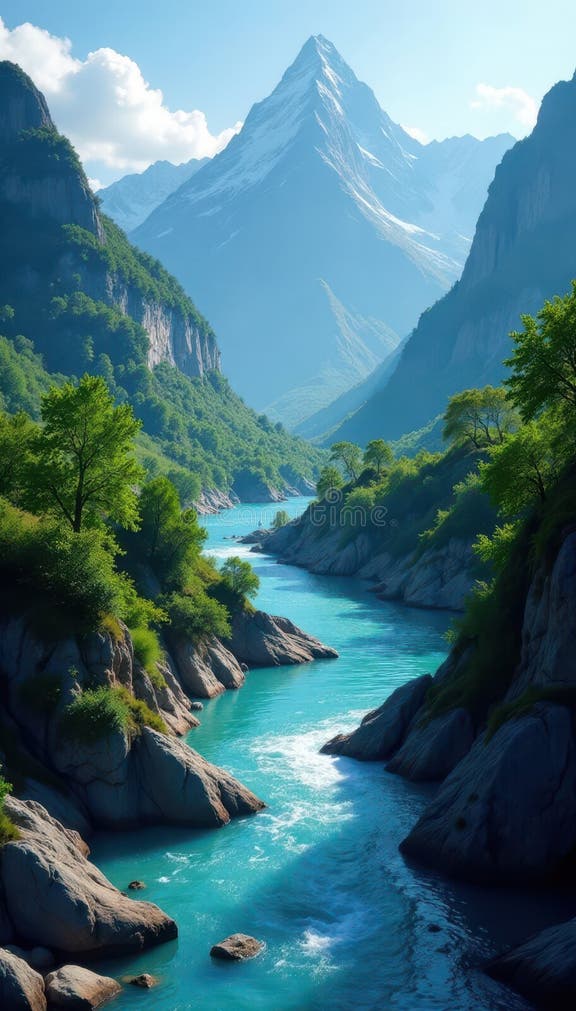 Crystal Clear River Carving Path through Towering Peaks, Reflection ...