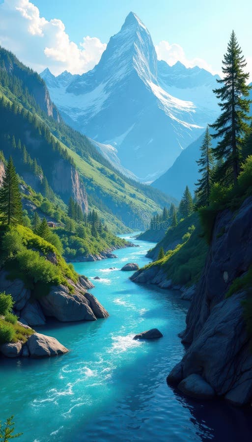 Crystal Clear River Carving Path through Towering Peaks, Reflection ...