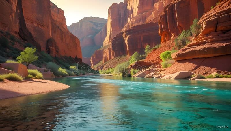 A Crystal-clear River Flowing through a Rocky Canyon Stock Illustration ...