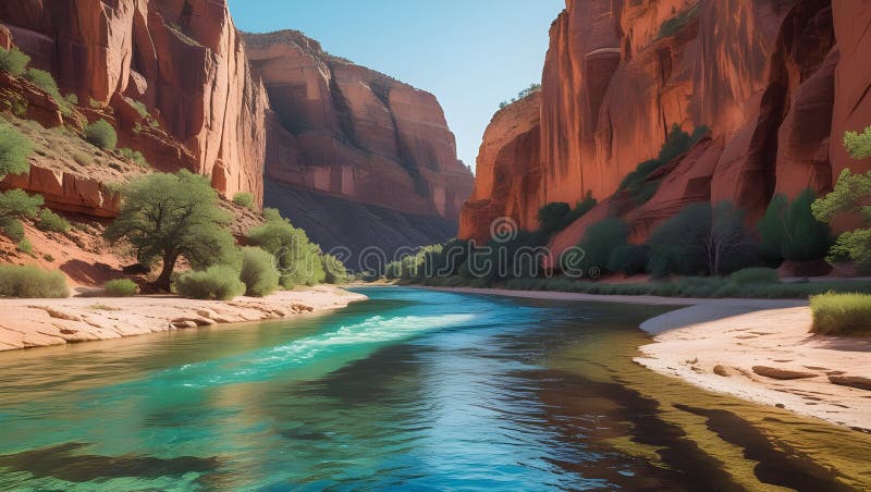 A Crystal-clear River Flowing through a Rocky Canyon Stock Illustration ...