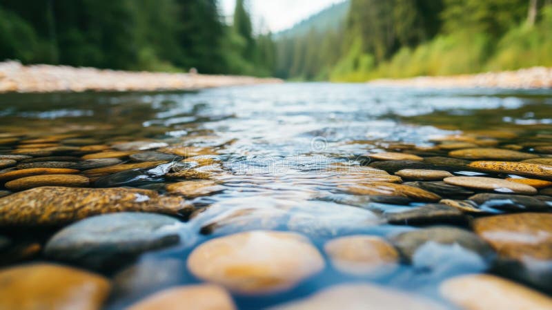 Crystal Clear River Water Over Rocks in a Lush Forest Landscape Stock ...