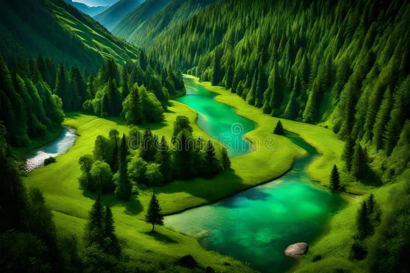 A Crystal-clear River Winding Its Way through a Vibrant, Emerald-green ...