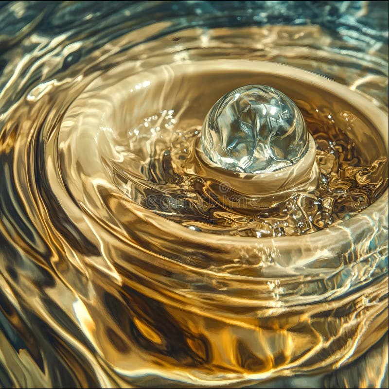 A Crystal-clear Sphere Emerges from a Golden Liquid Ripple, Creating a ...