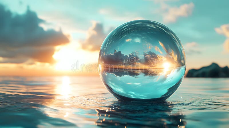 Crystal Clear Sphere Reflecting a Scenic Sunset on Water Stock ...