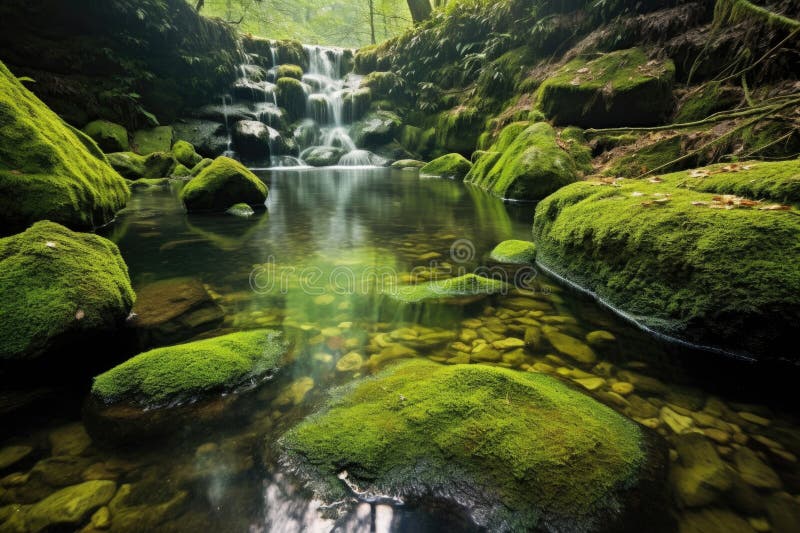 Crystal Clear Spring Water Flowing Over Mossy Rocks Stock Photo - Image ...