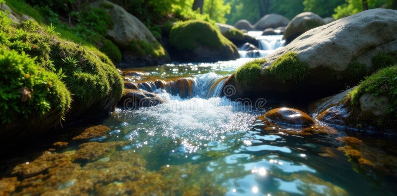 Crystal Clear Spring Water Flows Over Mossy Rocks , Healthy, Source ...