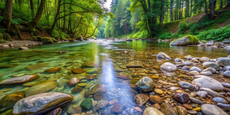 A Crystal Clear Stream Flowing Over Smooth Pebbles in a Lush Forest AI ...