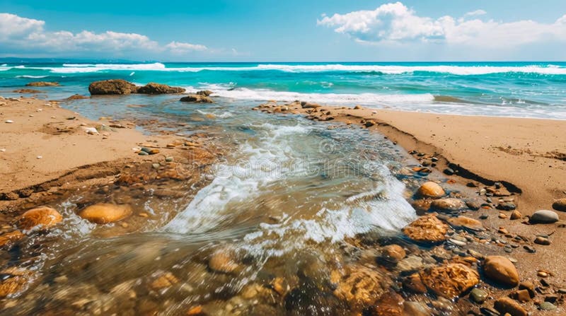Crystal Clear Stream Flows into the Azure Ocean Waves on a Sandy Beach ...