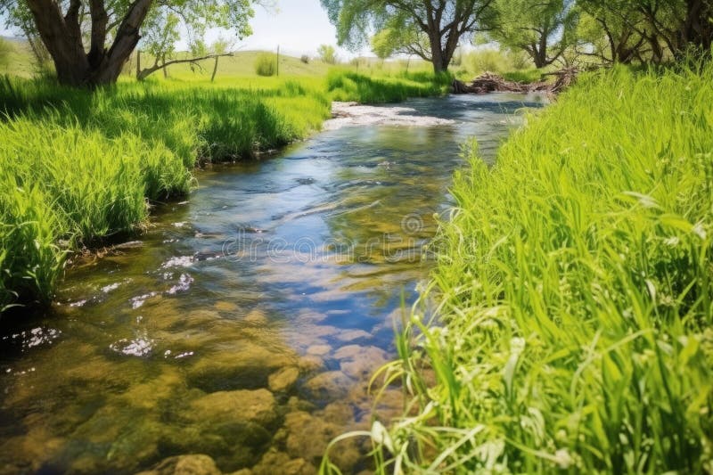 Clear Stream of Fresh Water Flowing in Narrow Path between High Green ...